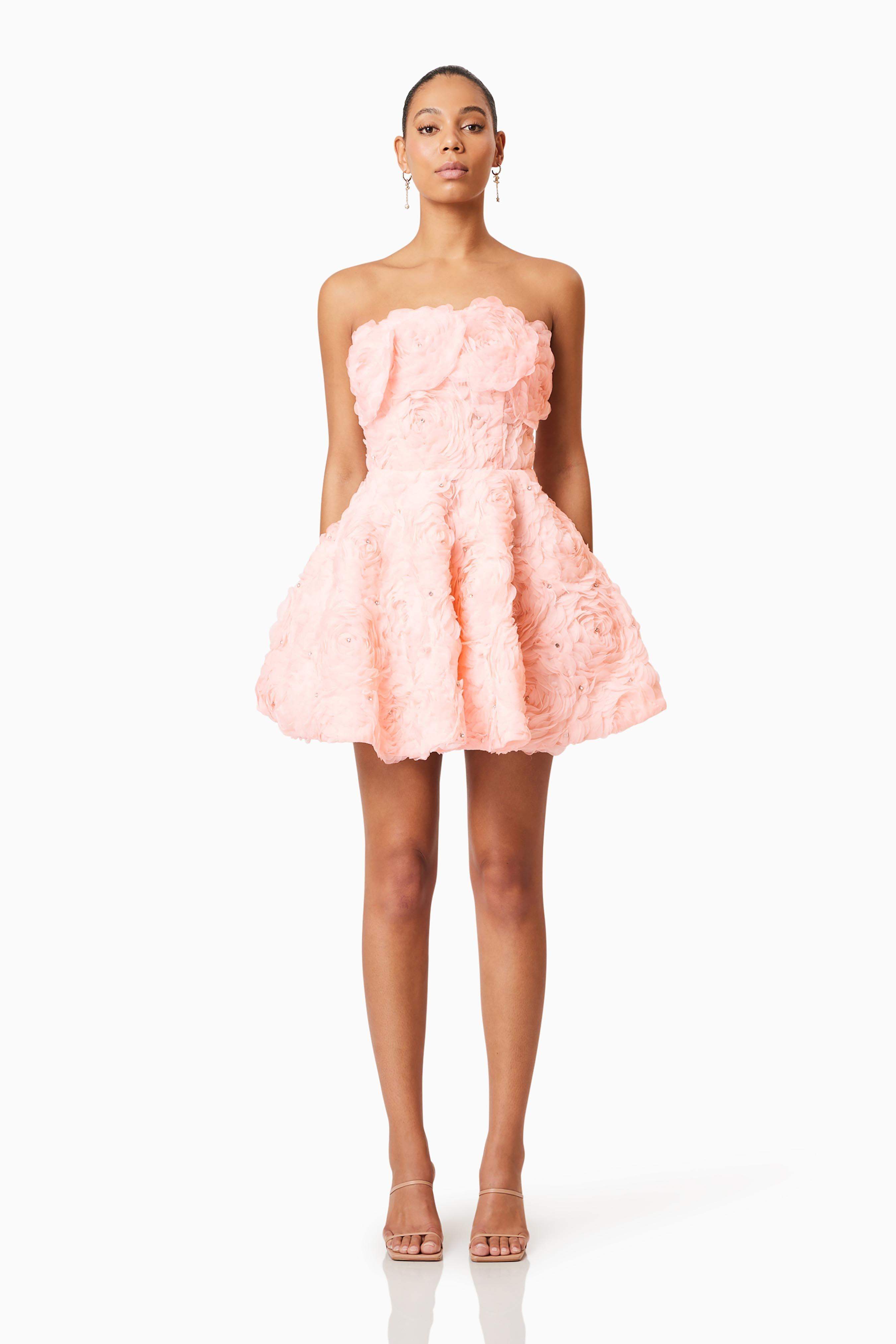 Rosella Strapless Mini Dress In Pink | 3D Floral Details – Elliatt