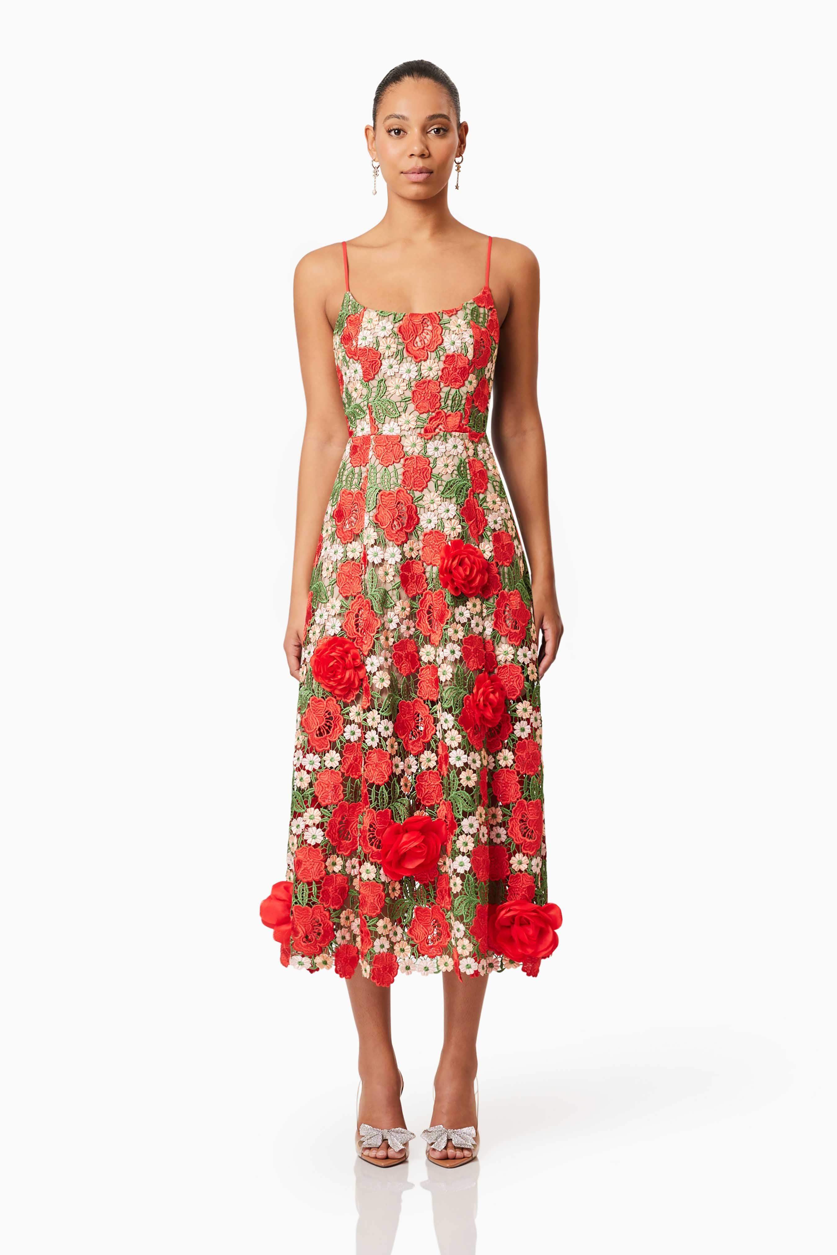 Roselyn Embroidered Midi Dress In Red | 3D Flowers – Elliatt